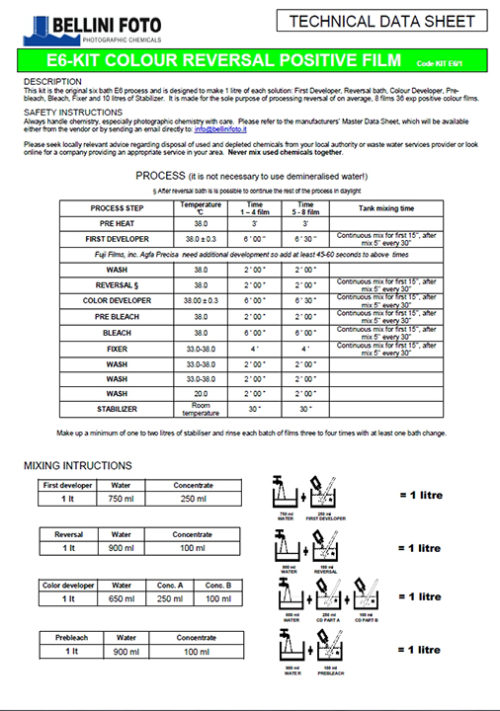 BelliniFoto Six Bath E6 Processing Kit for Colour Reversal Films ~ 1lt ...